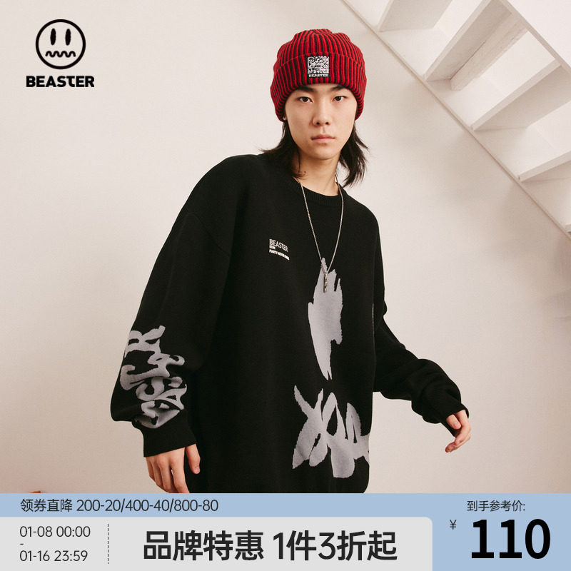 beaster官方小恶魔鬼脸情侣毛衣ins时尚休闲落肩宽松男士保暖上衣_虎窝淘