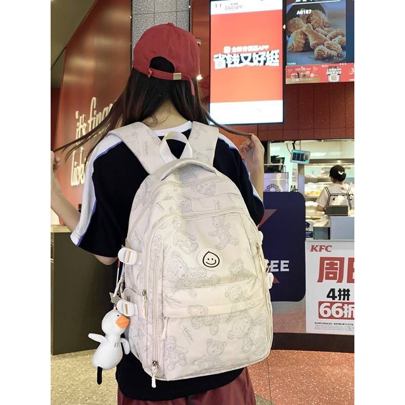 专柜品牌奶白素描小熊满印双肩包美式复古风初高中情侣款校园潮酷
