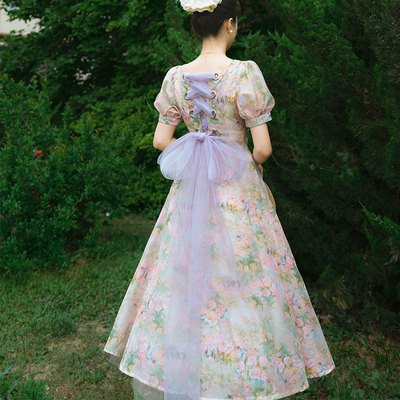 油画印花宫廷复古绑带仙女礼服裙