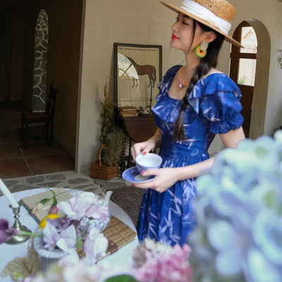 法式复古天丝麻高腰短袖连衣裙夏