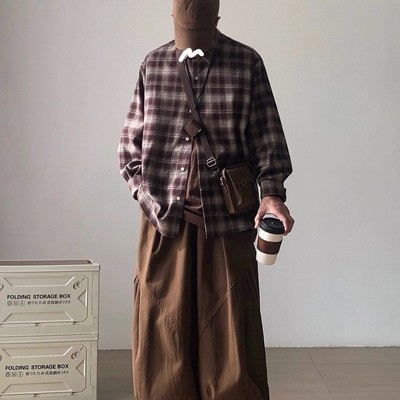 RICHMAN日系复古风格穿搭咖啡色格子衬衫男长袖春秋宽松休闲衬衣