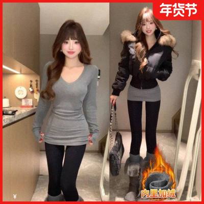 初冬灰色领加绒加长款打底衫女