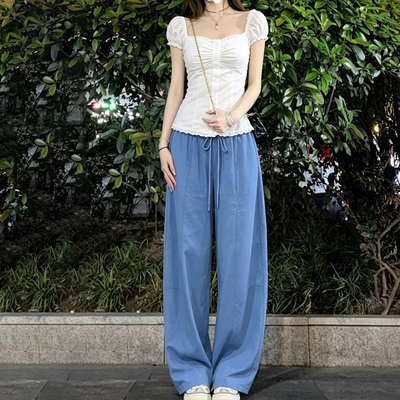 今年流行的夏装套装女百搭短款内搭上衣蓝色垂感工装慵懒风弯刀裤