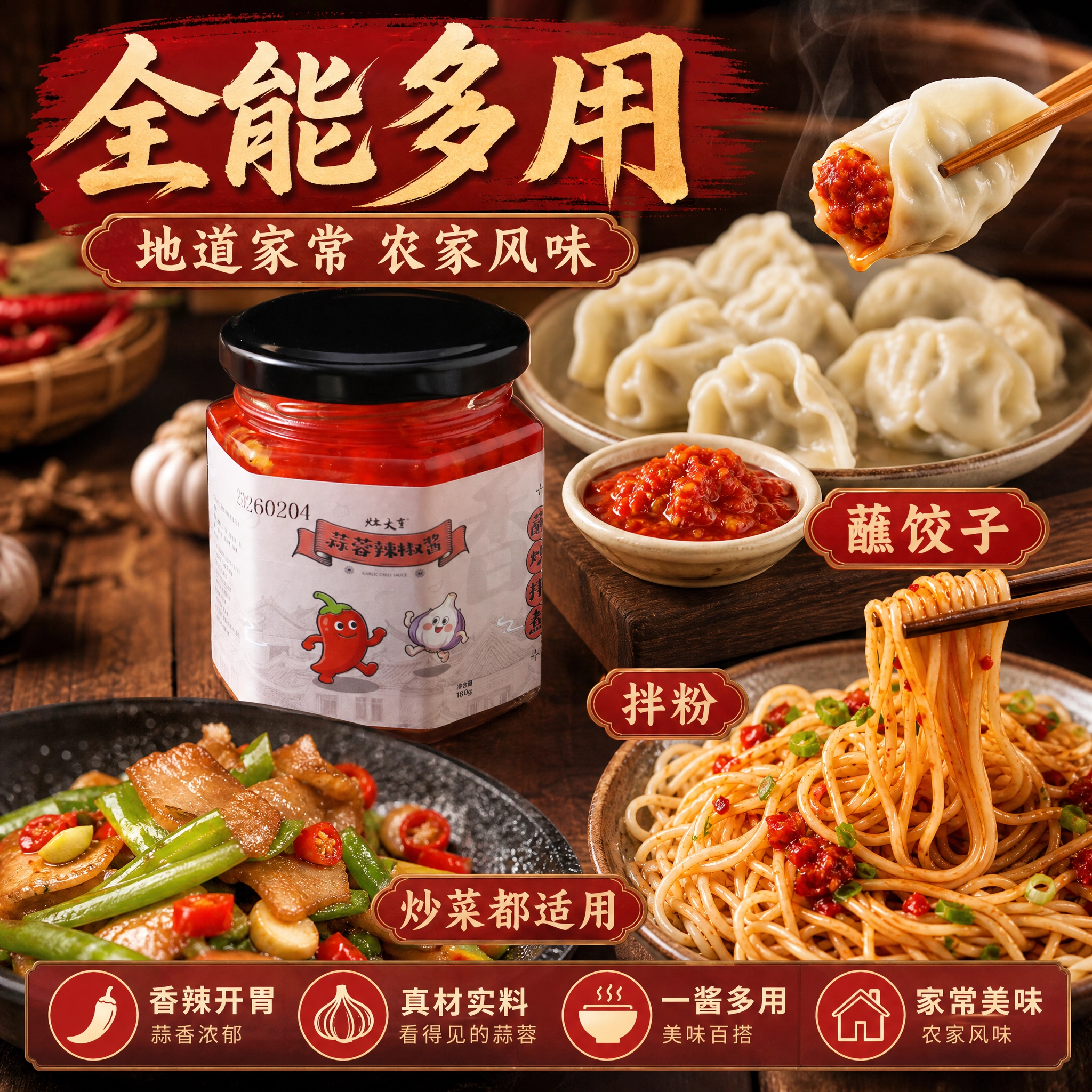 灶大亨蒜蓉辣椒酱拌饭酱0添加防腐火锅蘸料辣椒酱潮汕辣椒酱