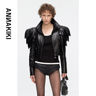 ANNAKIKI皮衣【Ella陈嘉桦同款】设计师款黑色解构立体短皮衣外套