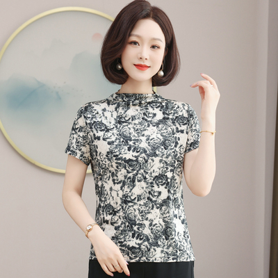 100%桑蚕丝印花中年妈妈短袖洋气