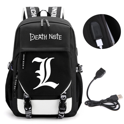 动漫死亡笔记背包书包 Mochila 旅行 USB 端口包笔记本电脑背包