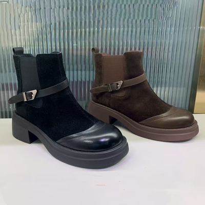 2025秋冬款 复古小香风切尔西牛皮拼接皮带扣粗中跟真皮短靴9055