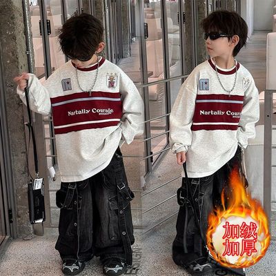 男童冬装加绒加厚卫衣儿童韩版套头衫2025新款痞帅中大童撞色上衣