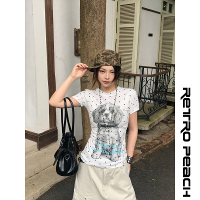 莓素Y2K波点小狗印花显瘦短袖T恤