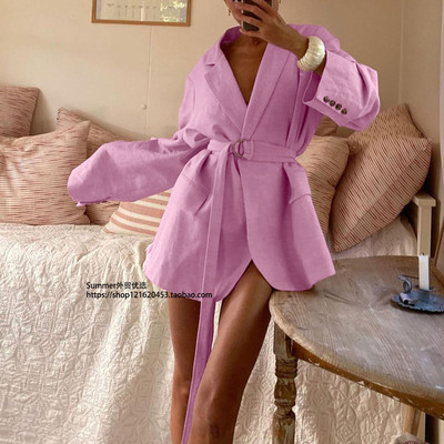 2025春夏棉麻系带衬衫西装连衣裙