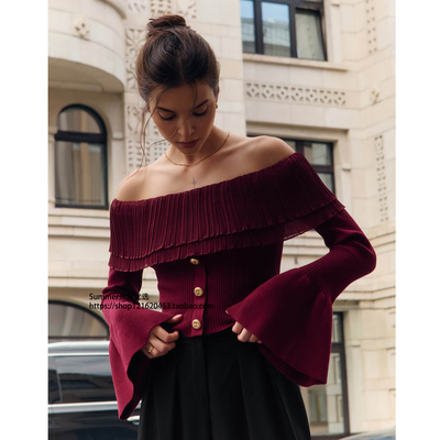 2025秋法式一字领露肩针织毛衣女