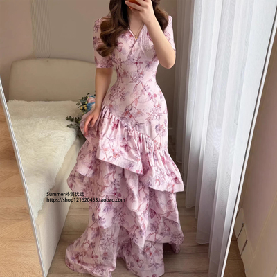 夏季欧美V领碎花荷叶边鱼尾裙