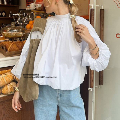 法式泡泡袖露背系带白色衬衫女