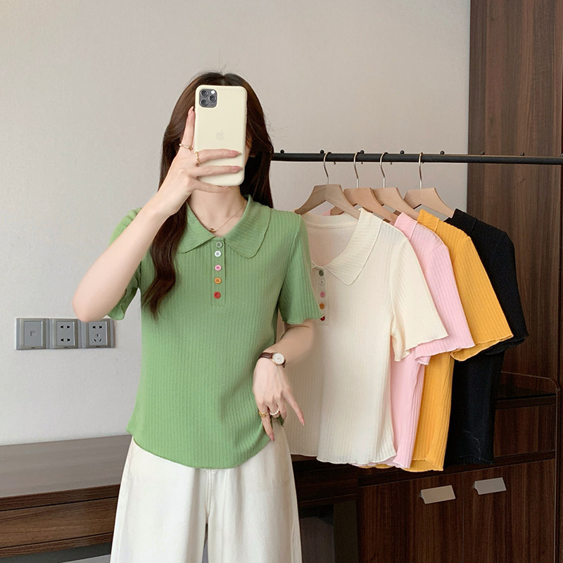 大码胖妹妹设计感彩色纽扣polo领短袖T恤女夏季显瘦遮肉弧形上衣