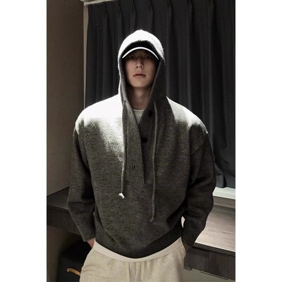大码300斤美式复古连帽毛衣男秋冬款慵懒cleanfit针织衫卫衣外套
