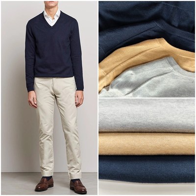 美式老钱风 男款 PIMA棉V领小徽标刺绣长袖针织衫 E001