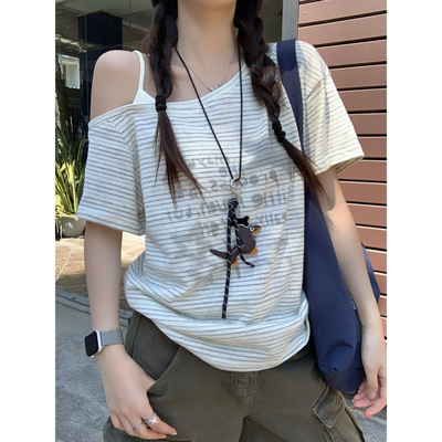 韩系条纹斜肩短袖t恤女夏季2026新款设计感小众薄上衣宽松慵懒风