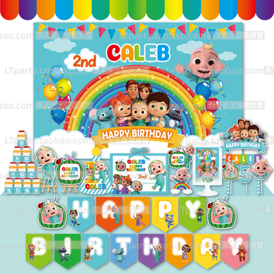 cocomelon西瓜主题生日装饰贴派对帽拉旗蛋糕插牌邀请卡背景海报