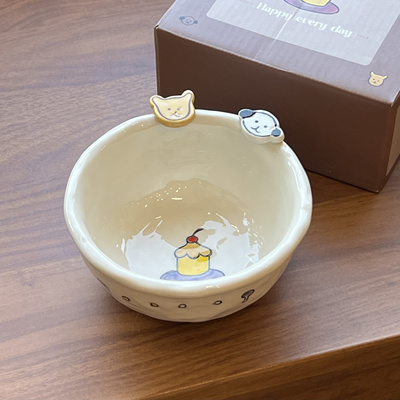 四时有梨 纽扣小狗米饭碗酸奶碗釉下彩碗可爱碗盘子家用碗