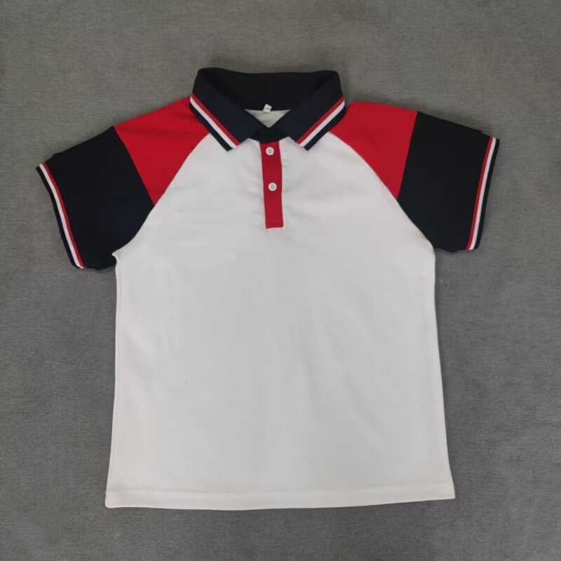 定做夏季男女校服同款运动短袖白色拼接红色藏蓝袖短袖T恤POLO衫