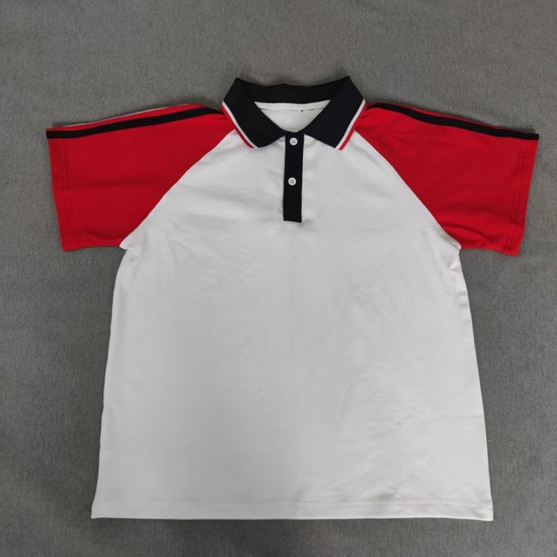 定做夏季男女校服同款运动短袖T恤衫白色拼接红色纯棉休闲POLO衫