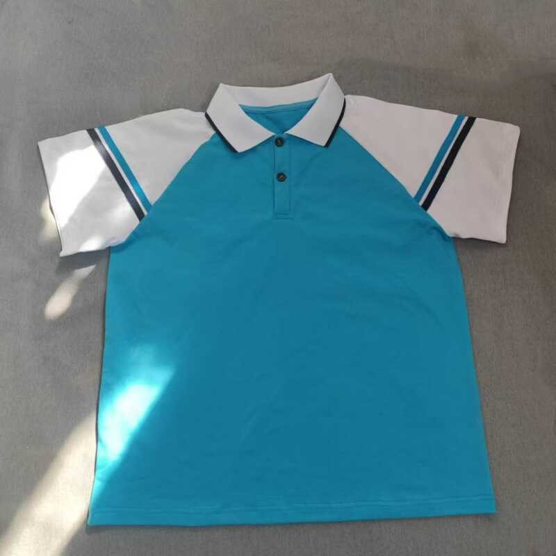 定做夏季男女校服同款运动短袖T恤蓝色拼接白色插肩袖休闲POLO衫