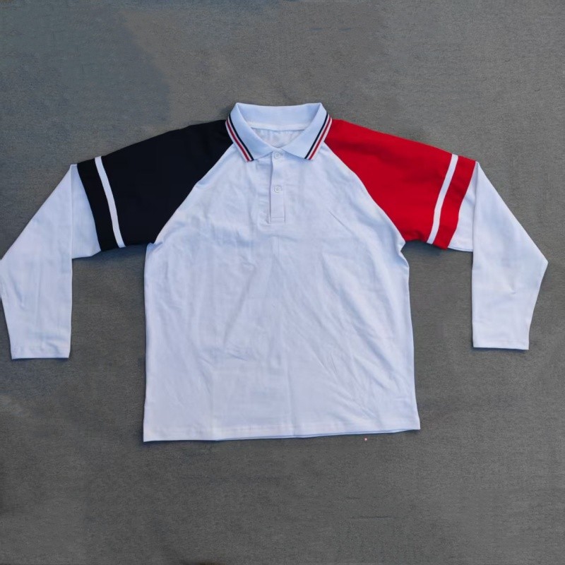 定做夏季男女校服同款假两件运动衫白色拼接蓝红短袖T恤衫POLO衫