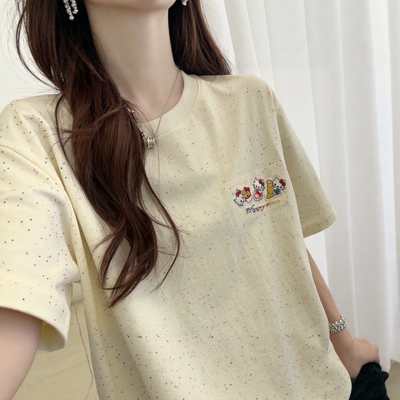 纸袋家纯棉彩点刺绣Hello kitty 三色T恤宽松圆领短袖大版女装