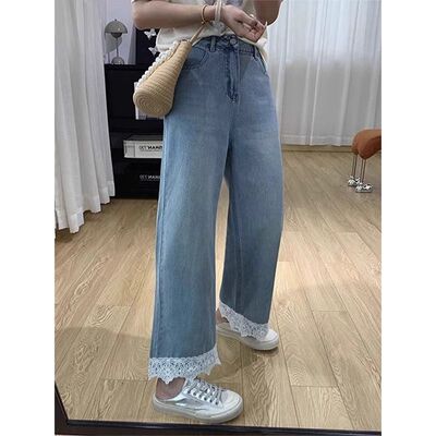 韩系大码蕾丝拼接九分牛仔裤女春夏小个子宽松高腰显瘦直筒阔腿裤