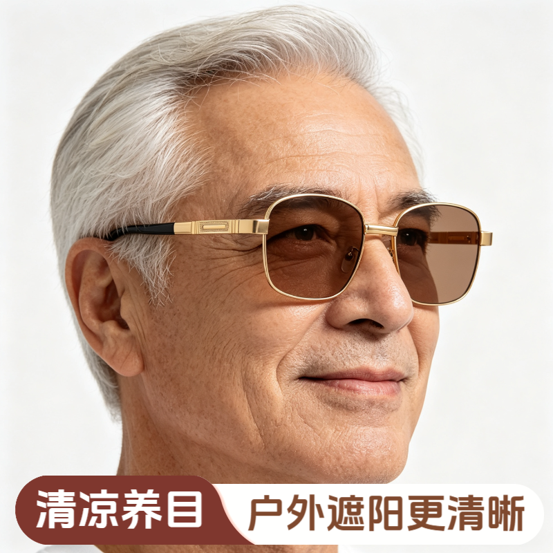 水晶太阳眼镜男茶色中老年大框石头眼镜司机驾驶开车茶墨镜平光镜