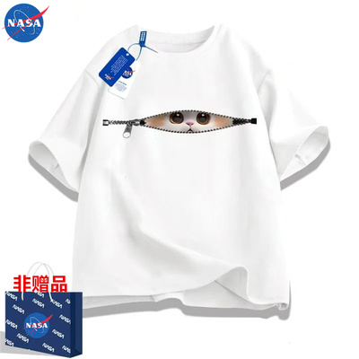 NASA拉链猫咪短袖t恤男女2025新款情侣装夏季宽松休闲上衣半袖12