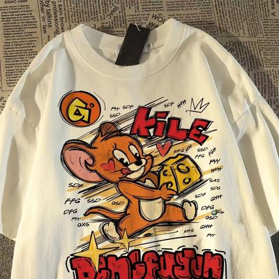 美式复古卡通杰瑞印花潮流短袖t恤男女宽松夏季高街情侣ins上衣