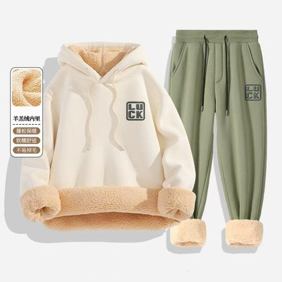 羊羔绒套装卫衣卫裤男士冬季时尚加绒加厚保暖连帽外套休闲裤12