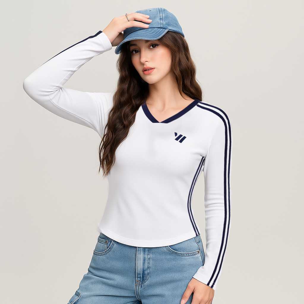 春秋新款健美操服装上衣棉显瘦撞色V领长袖时尚运动跳广场舞蹈衣