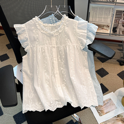 法式白色小飞袖衬衫女夏2025新款设计感甜美木耳边无袖娃娃衫上衣