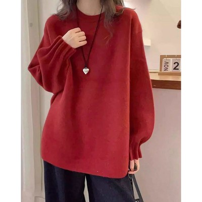胖MM韩系简约慵懒风圆领套头针织毛衣2024新款纯色长袖宽松上衣女