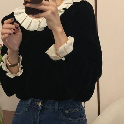 实拍 小众设计感 百褶荷叶领 复古丝绒长袖上衣娃娃衫