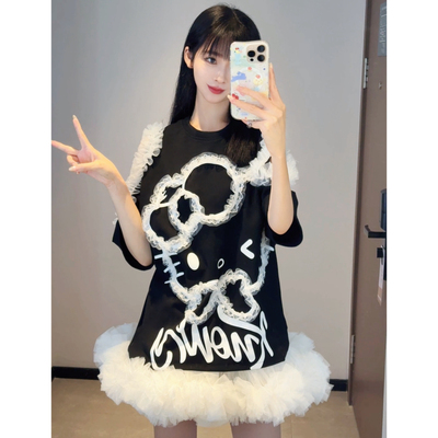 设计师潮牌重工网纱hellokitty蓬蓬裙宽松显瘦T恤tutu半裙两件套