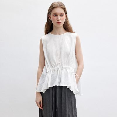 多着100%亚麻弧形抽褶无袖衬衫