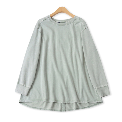 水洗做旧卫衣春新款外贸女装大码休闲圆领螺纹拼接长袖上衣19534