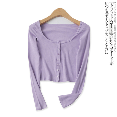 长袖螺纹T恤百搭显瘦单排扣开衫