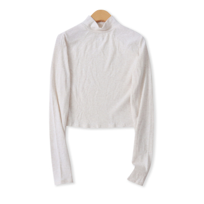 螺纹棉混纺打底衫秋新款外贸女装百搭半高领套头短款长袖T恤18456