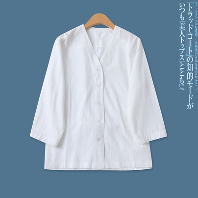 衬衫春夏季新款外贸女装百搭V领单排扣宽松系带七分袖上衣17734