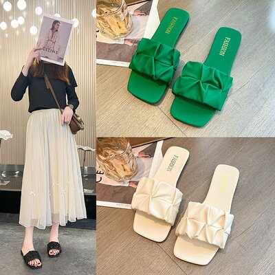 Summer Slippers For Women Flip Flops Flats Pleated Korean