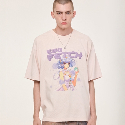 EGO漫画印花水洗做旧重磅短袖T恤