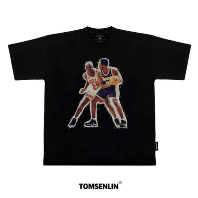 tomsenlin科比挑战迈克尔复古线毯手工贴布remake黑白短袖