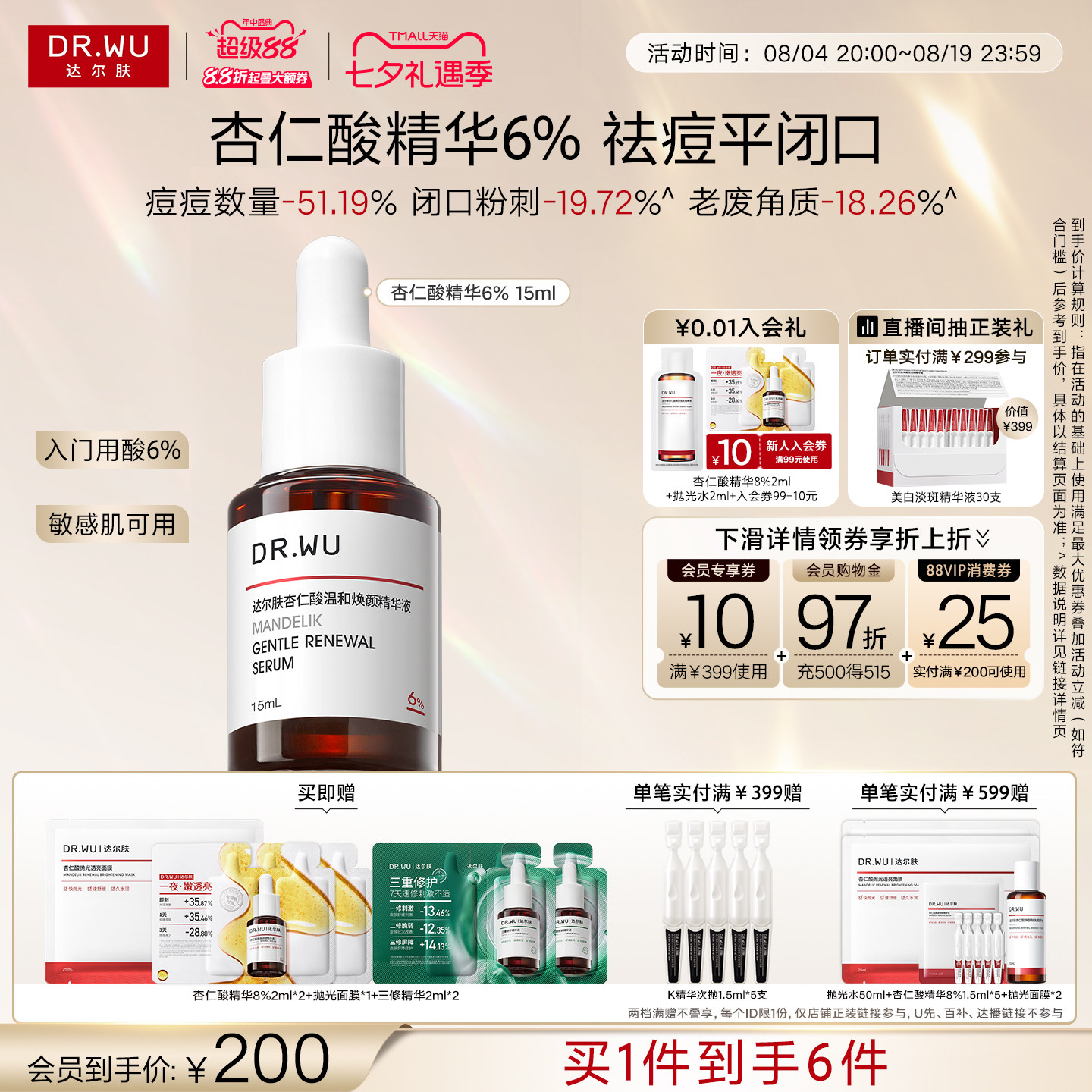 【立即抢购】DR.WU达尔肤杏仁酸精华液6%果酸温和祛痘去闭口粉刺