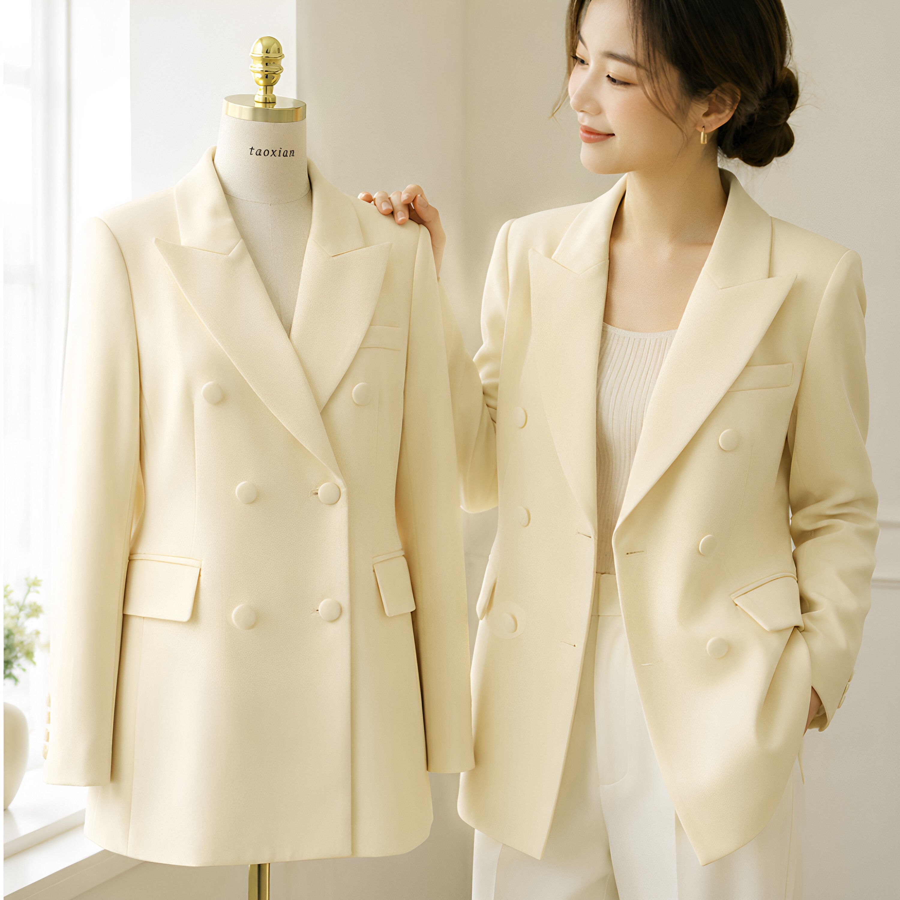 轻熟优雅风双排扣西装外套女职场商务通勤杏色气质西服