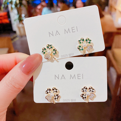 s925银针绿色四叶草耳环网红耳饰